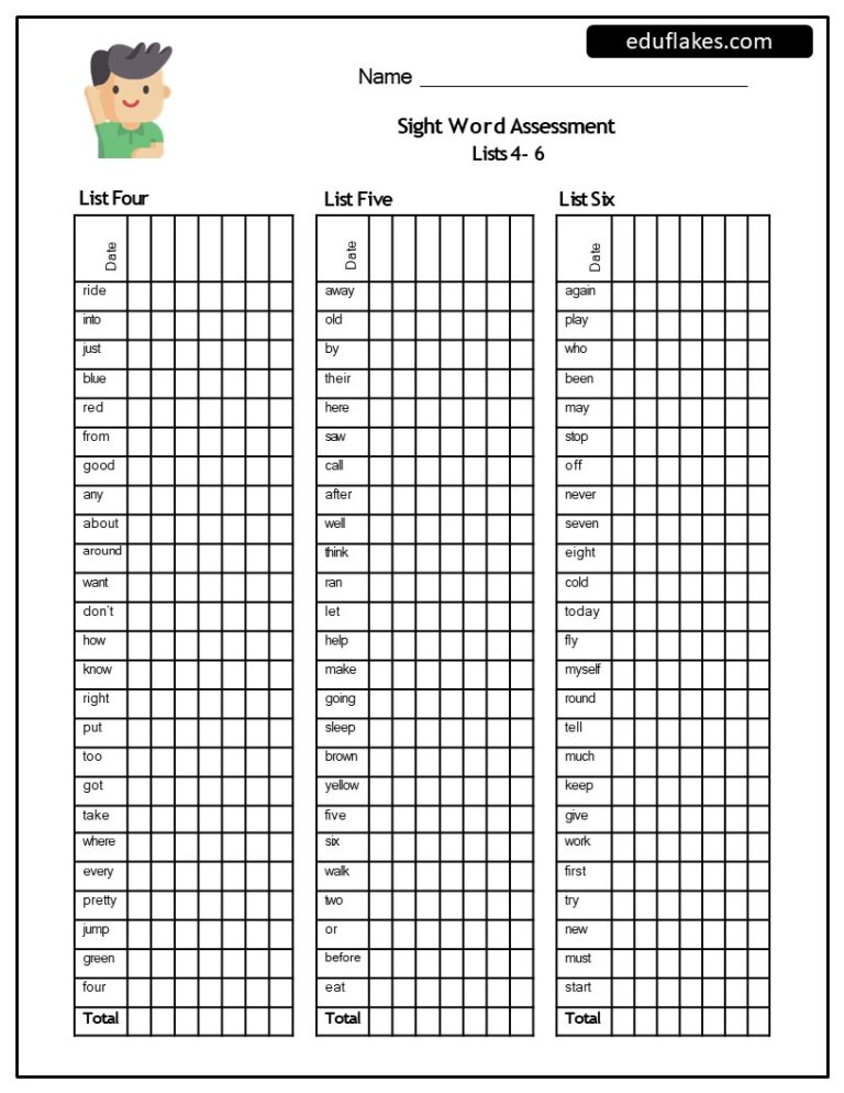 Sight Word Assessment Template - Eduflakes