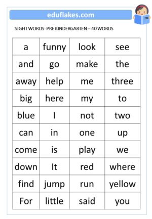 Pre kindergarten Sight words Free pdf - eduflakes