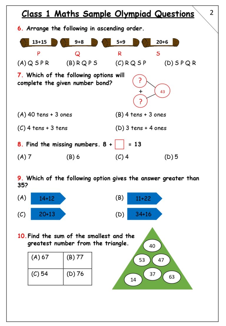 Grade 1 1st Standard Math Olympiad Question Paper - Eduflakes