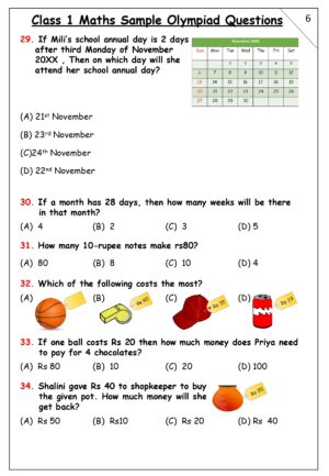 Grade 1 1st standard Math Olympiad question paper - eduflakes