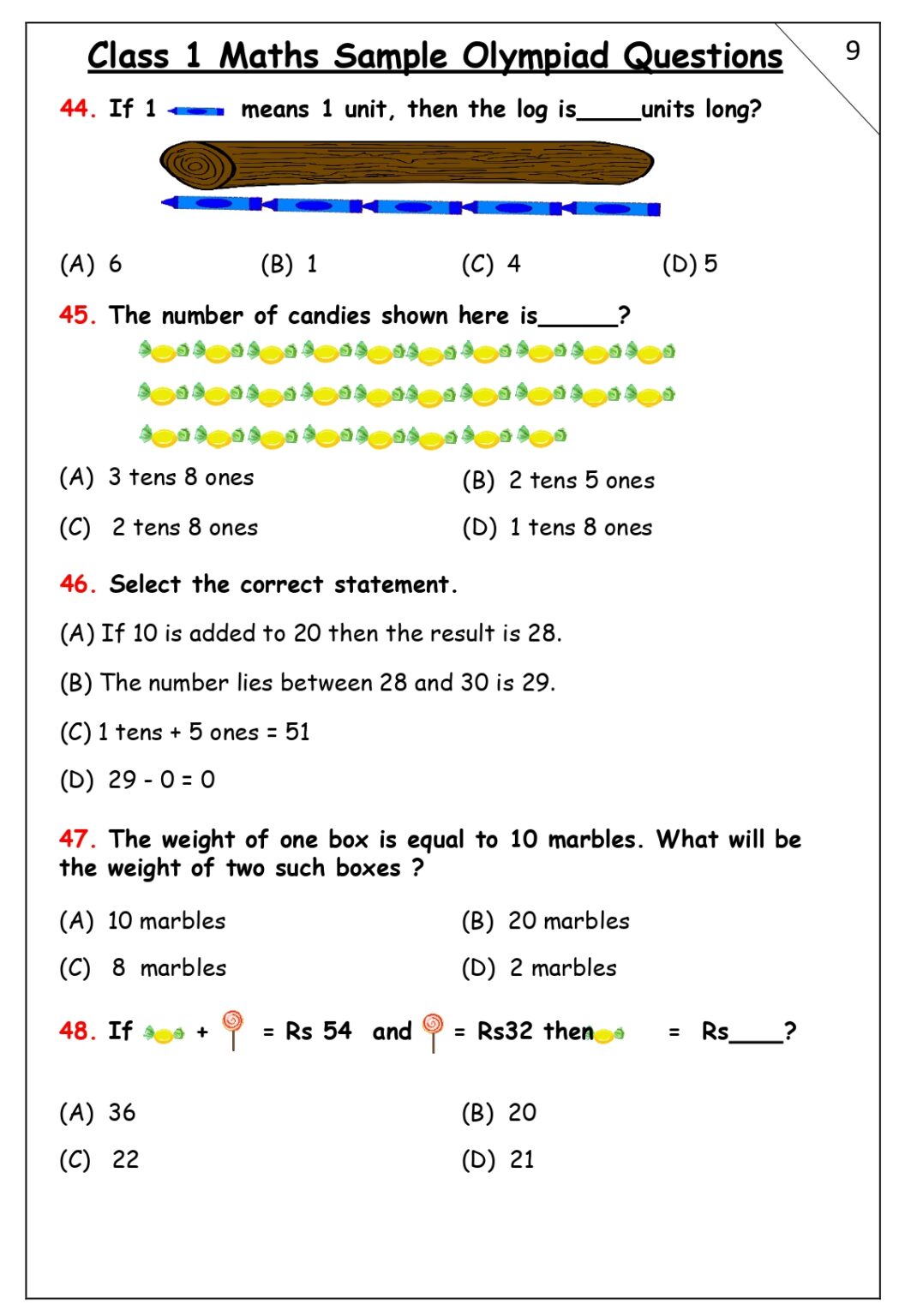 Grade 1 1st Standard Math Olympiad Question Paper - Eduflakes