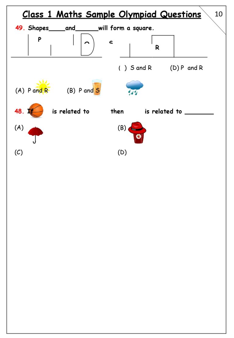 Grade 1 1st Standard Math Olympiad Question Paper - Eduflakes