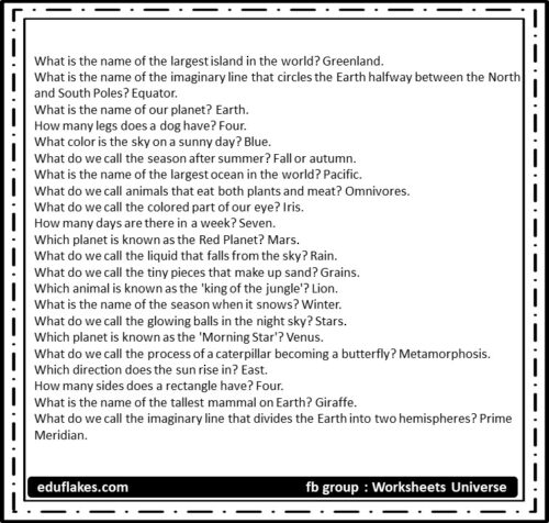 General Knowledge Questions And Answers For Grade 1 And Grade 2 Free ...