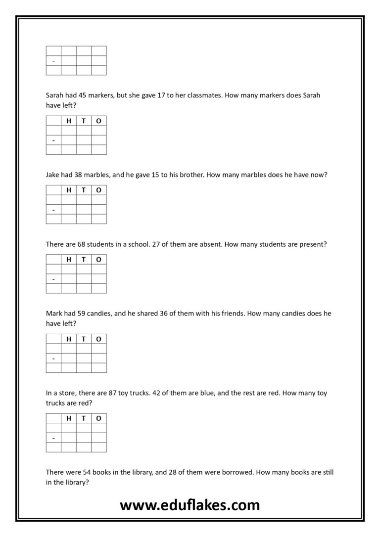Grade 2 Subtraction Word Problems Free Download - Eduflakes