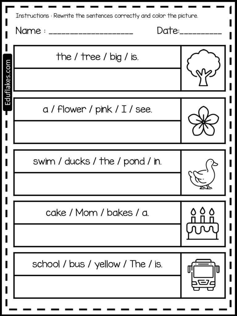 10 Free Sentence Building Printable For Grade 1 - Eduflakes
